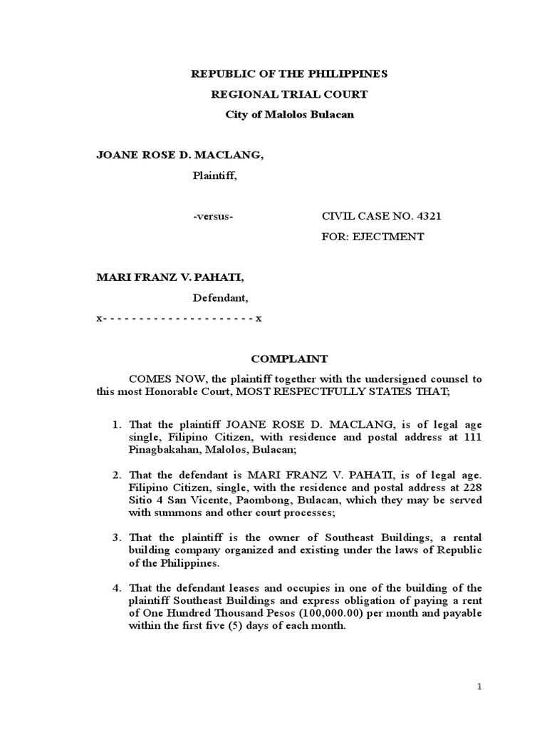 complaint ejectment sample | Plaintiff | Complaint