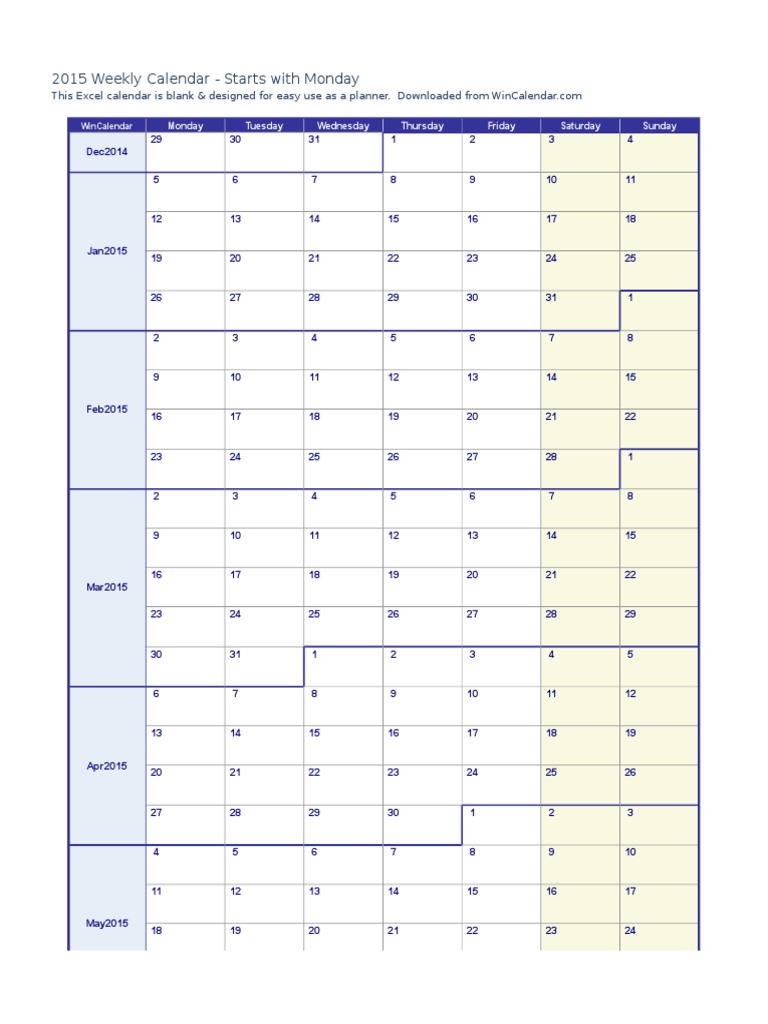 2015-2016 Blank Weekly Calendar with Monday Start Date Downloaded from ...