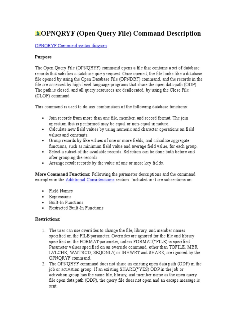 OPNQRYF (Open Query File) Command Description | PDF | Parameter (Computer Programming) | File Format