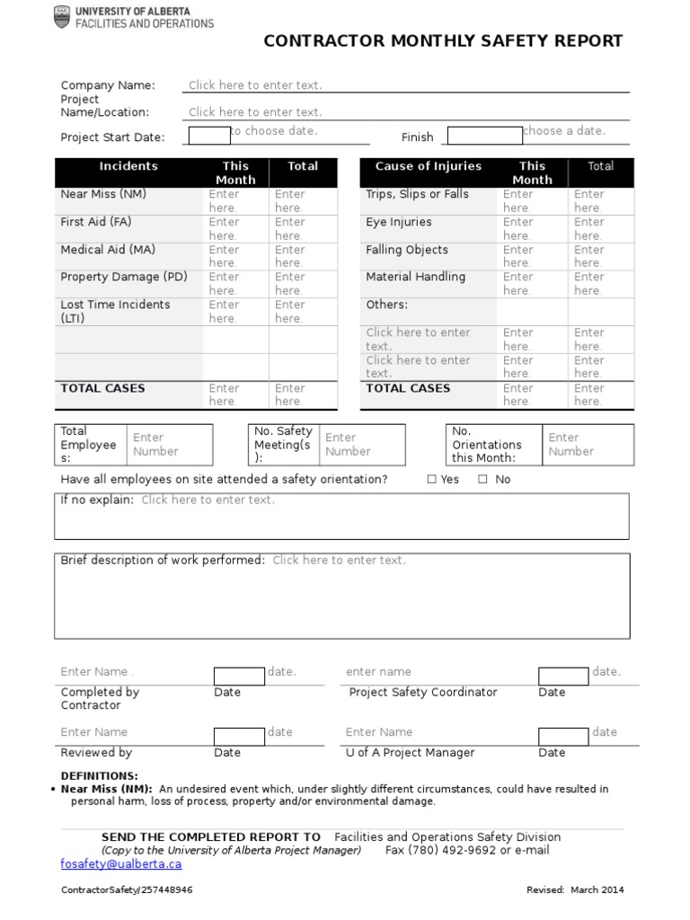 Contractor Monthly Safety Report: Incidents This Month Total Cause of ...