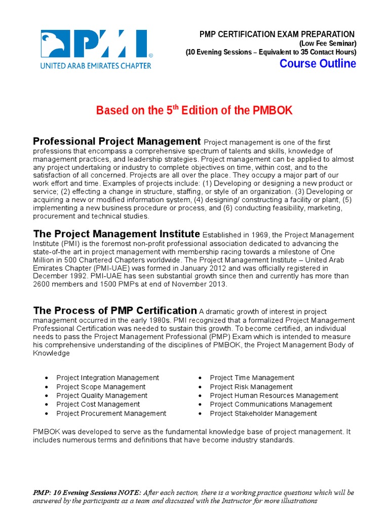 Based On The 5 Edition of The PMBOK: Course Outline | PDF | Project ...