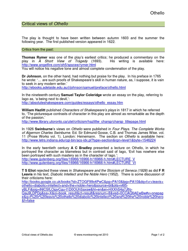 Critical Views of Othello | PDF | Othello | Iago