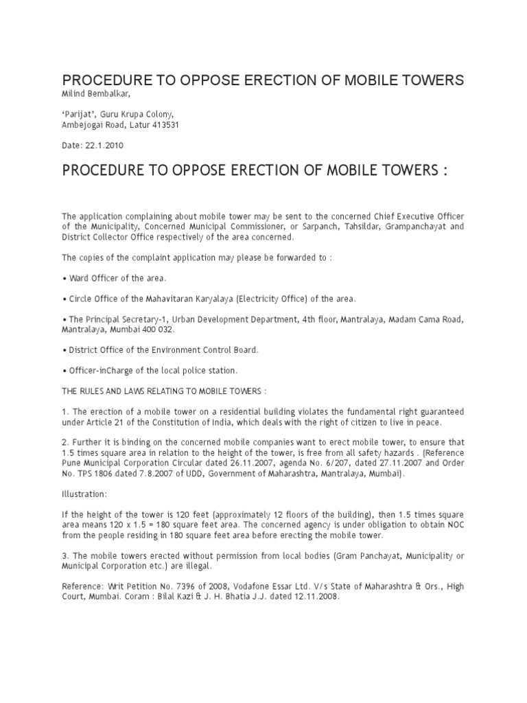 Oppose Mobile Tower Erection Guide | PDF | Government | Justice