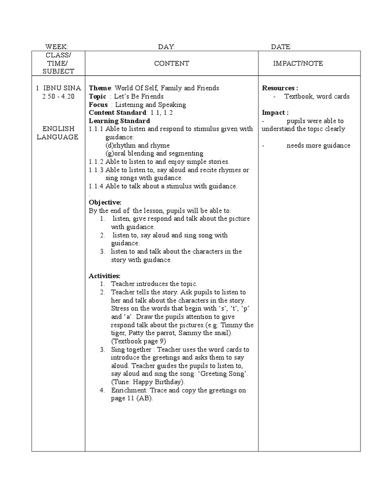 Theme: World of Self, Family and Friends Topic: Let's Be Friends Focus ...