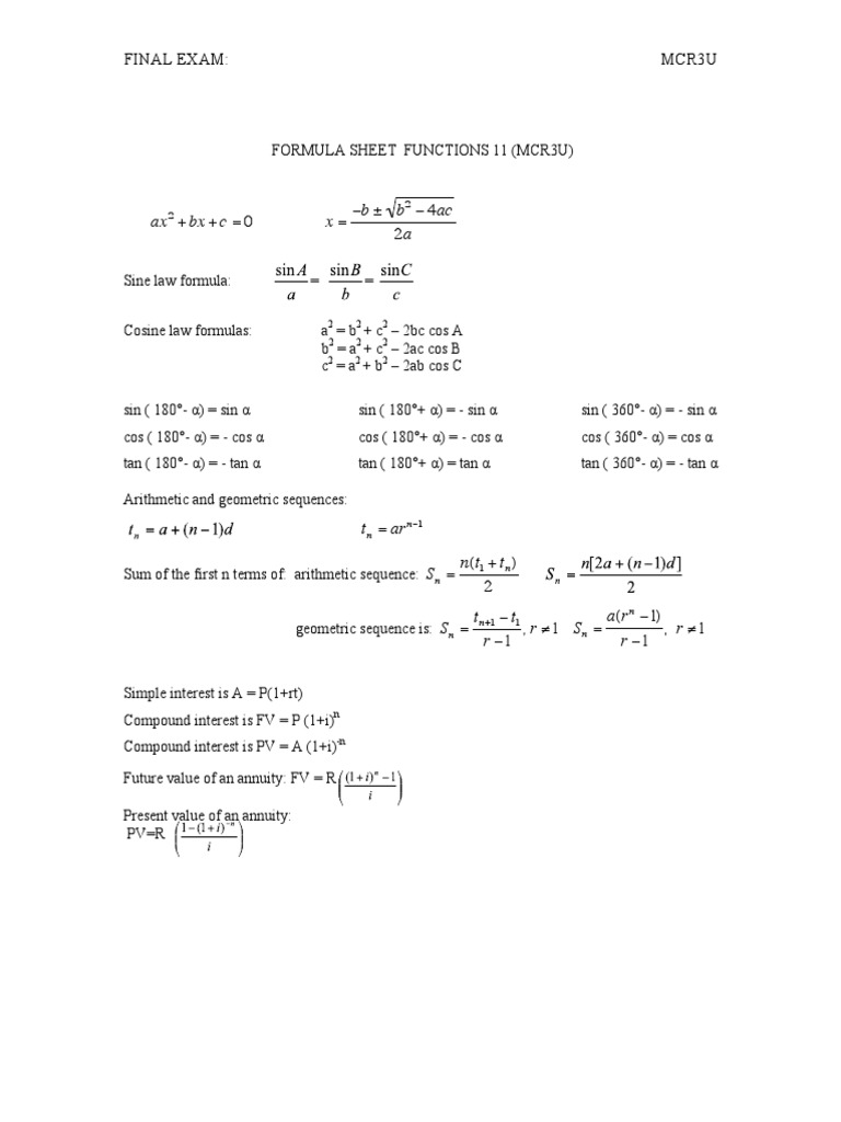 Mcr3u Formula Sheet | PDF