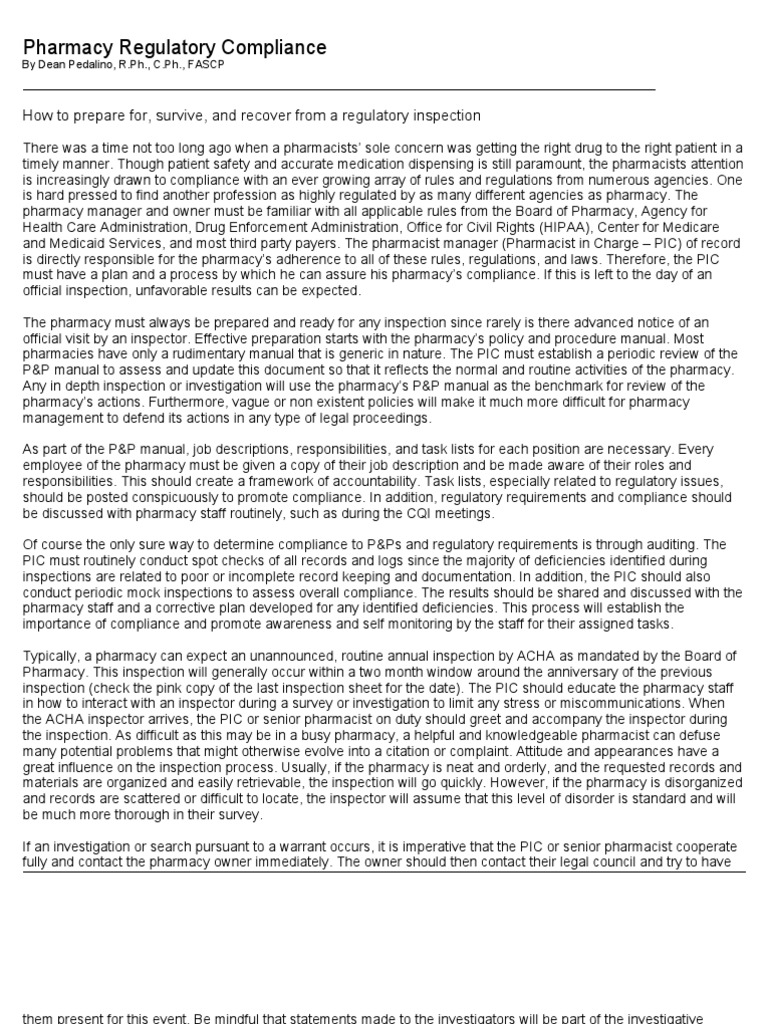 Pharmacy Regulatory Compliance | PDF | Pharmacy | Regulatory Compliance