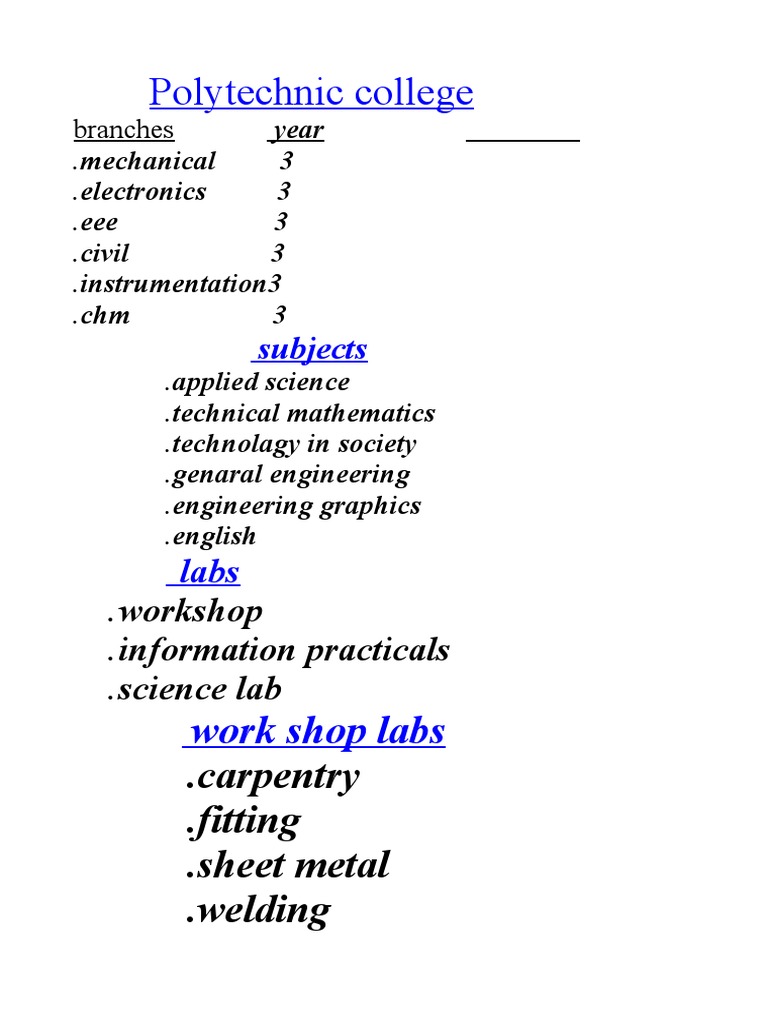 Polytechnic College: Work Shop Labs | PDF | Teaching Methods ...