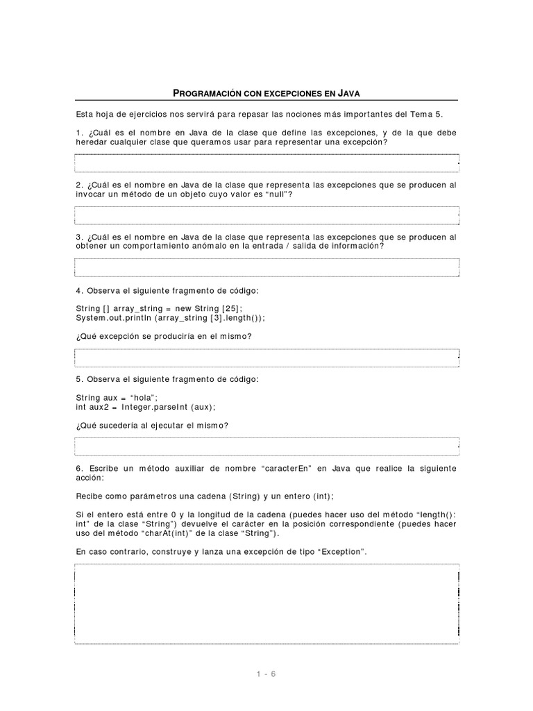 Ejercicios Excepciones | PDF | Java (lenguaje de programación) | Cadena (informática)