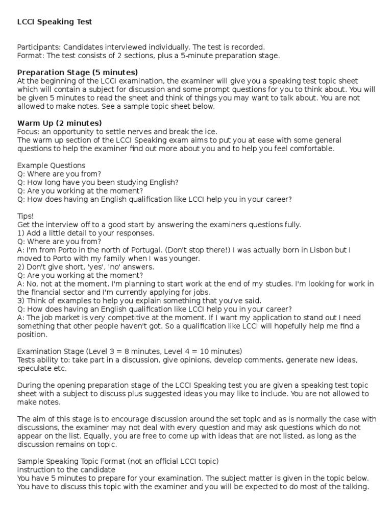 Lcci Speaking Test Pdf Test Assessment Employment