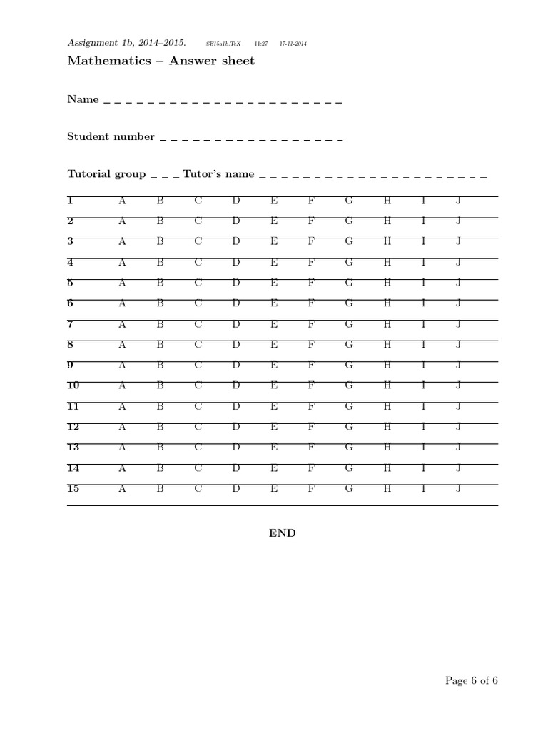Mathematics - Answer Sheet: Assignment 1b, 2014-2015 | PDF