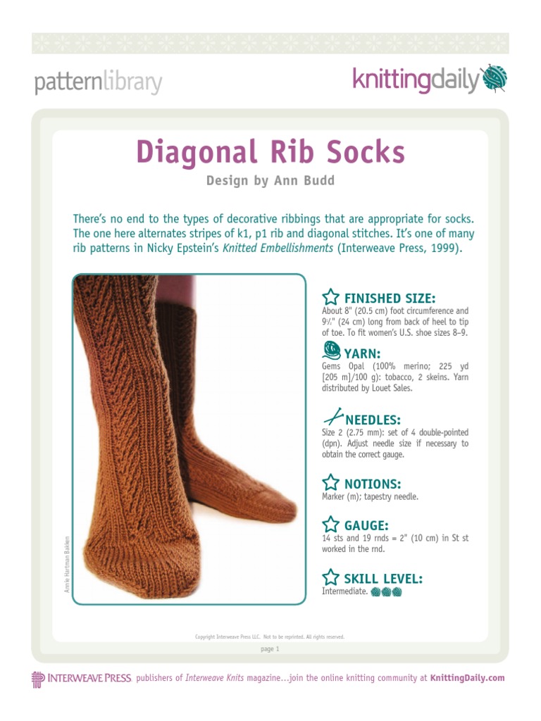 Ann Budd - Diagonal Rib Socks Pattern | PDF | Knitting | Needlework