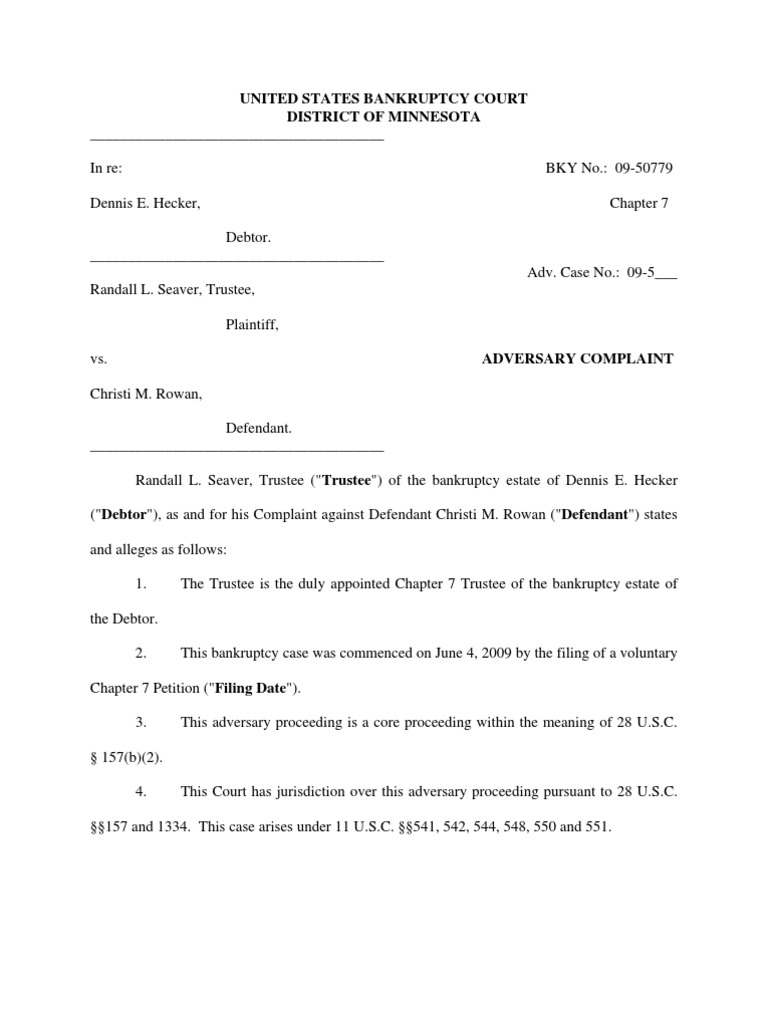 Trustee's Complaint Against Denny Hecker's Girlfriend, Christi Rowan ...