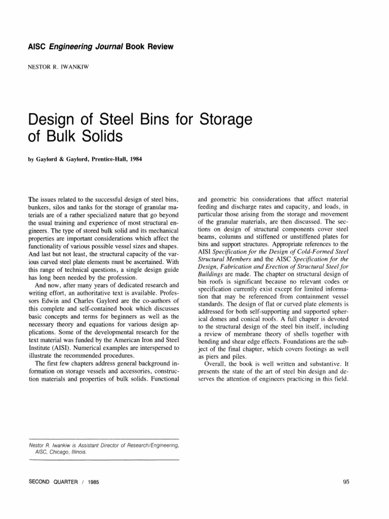 Book Review - Design of Steel Bins For Storage of Bulk Solids (Gaylord ...