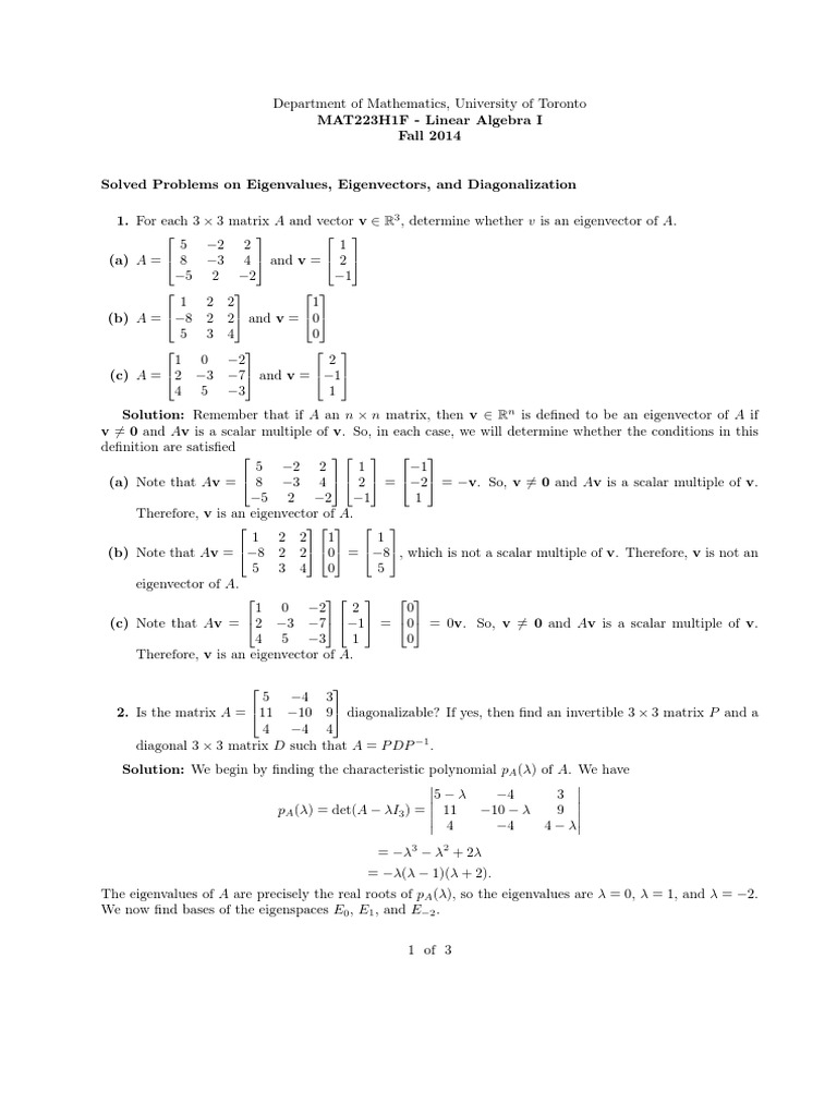 MAT223 Solved Problems On Eigenvalues, Eigenvectors, and ...