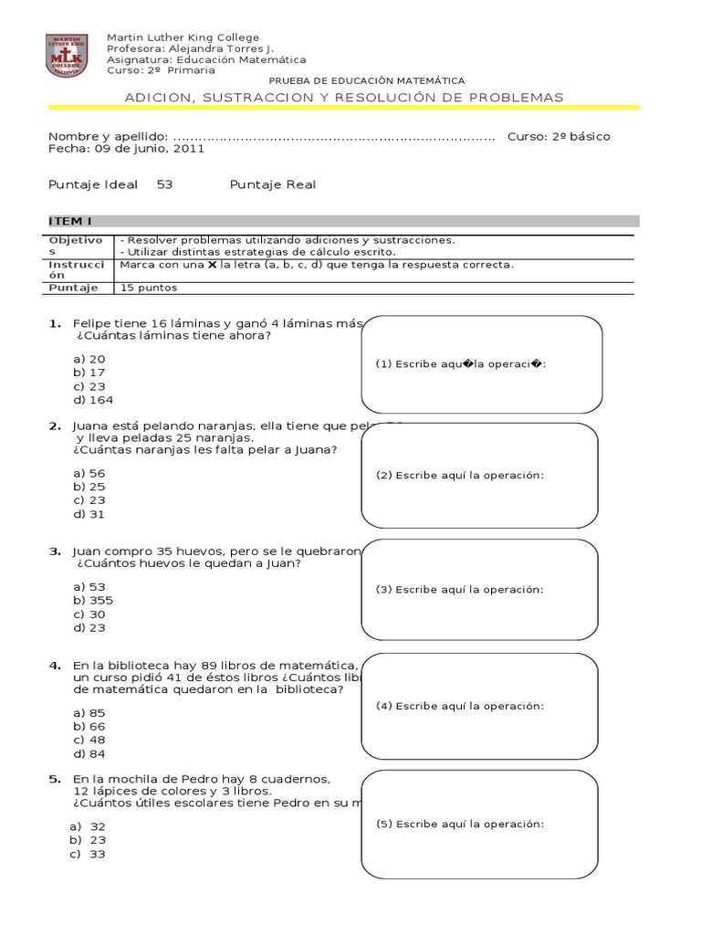 57402646 Prueba Resolucion de Problemas Adicion y Sustraccion ...