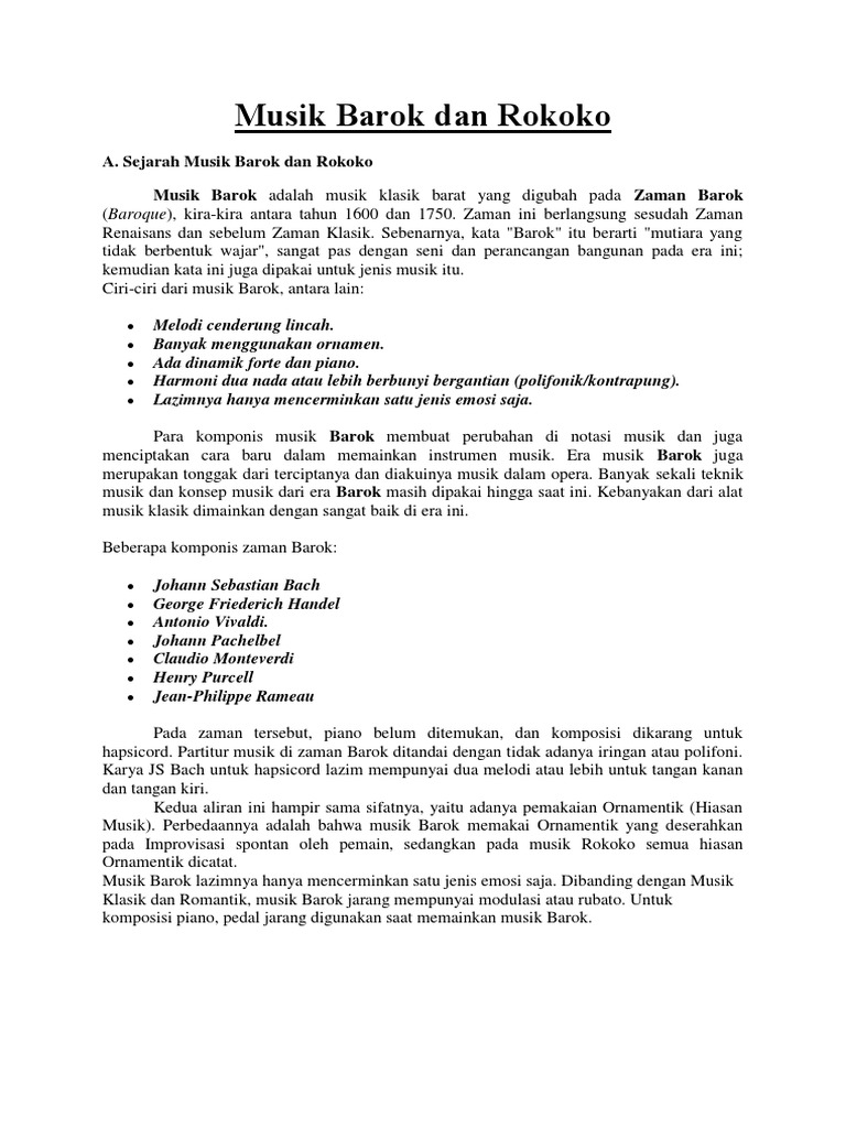 Ciri Ciri Musik Zaman Barok - Berkas Soalku