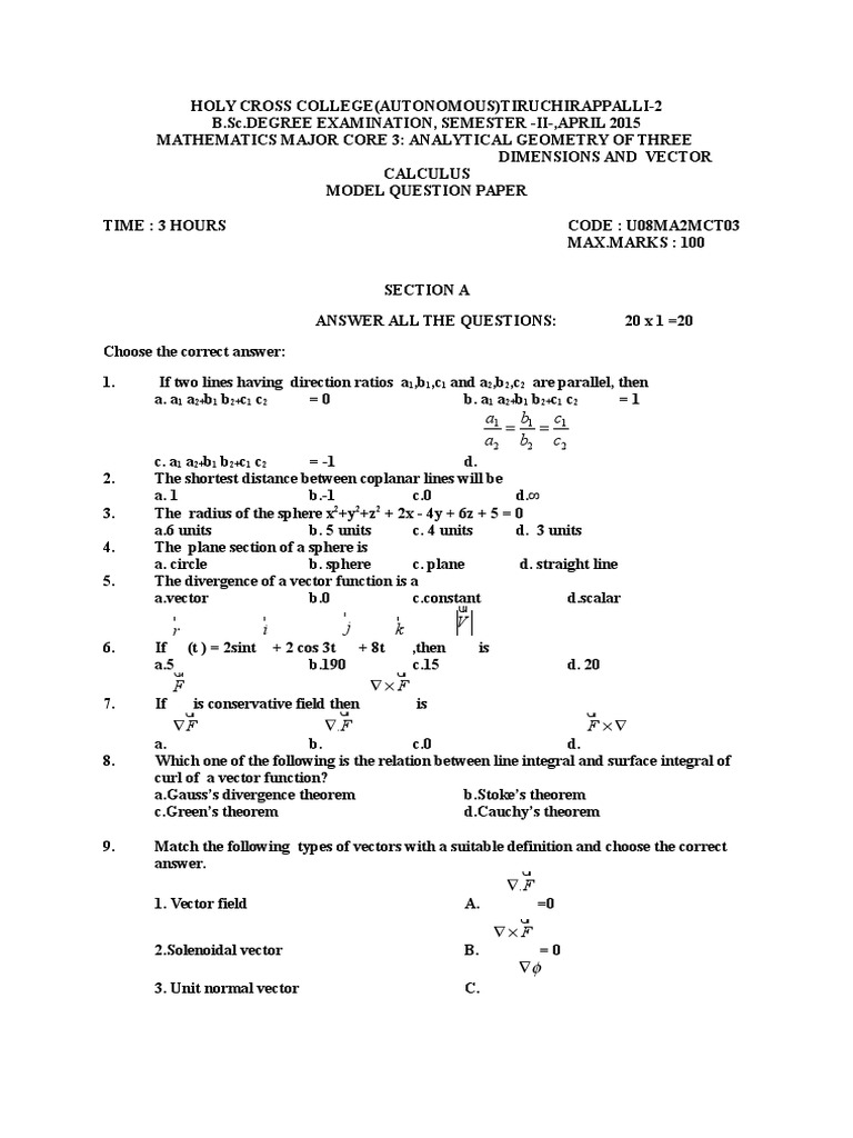 Analytical Geometry of Three Dimensions and Vector Calculus: Model ...