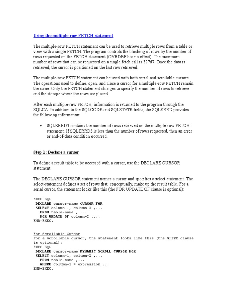 Using The Multiple-Row FETCH Statement: Step 1:declare A Cursor | PDF | Sql | Data Management ...