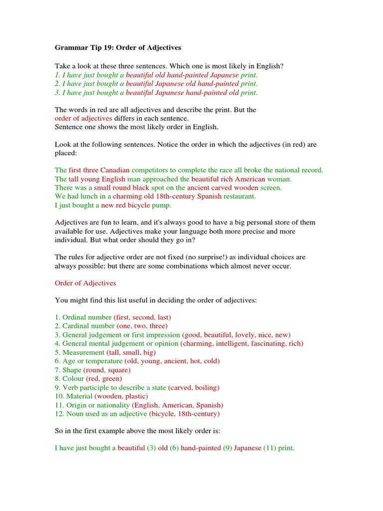 Adjectives Order | Download Free PDF | Adjective | Verb
