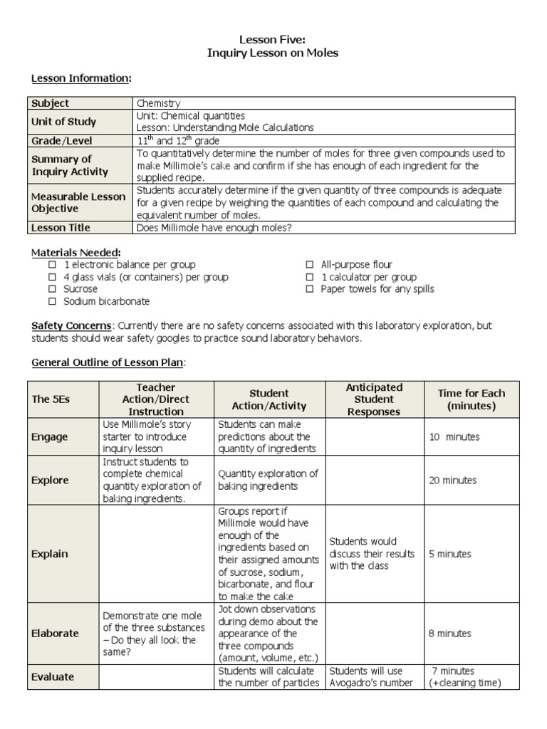 Inquiry Lesson Plan Moles | PDF | Mole (Unit) | Chemistry