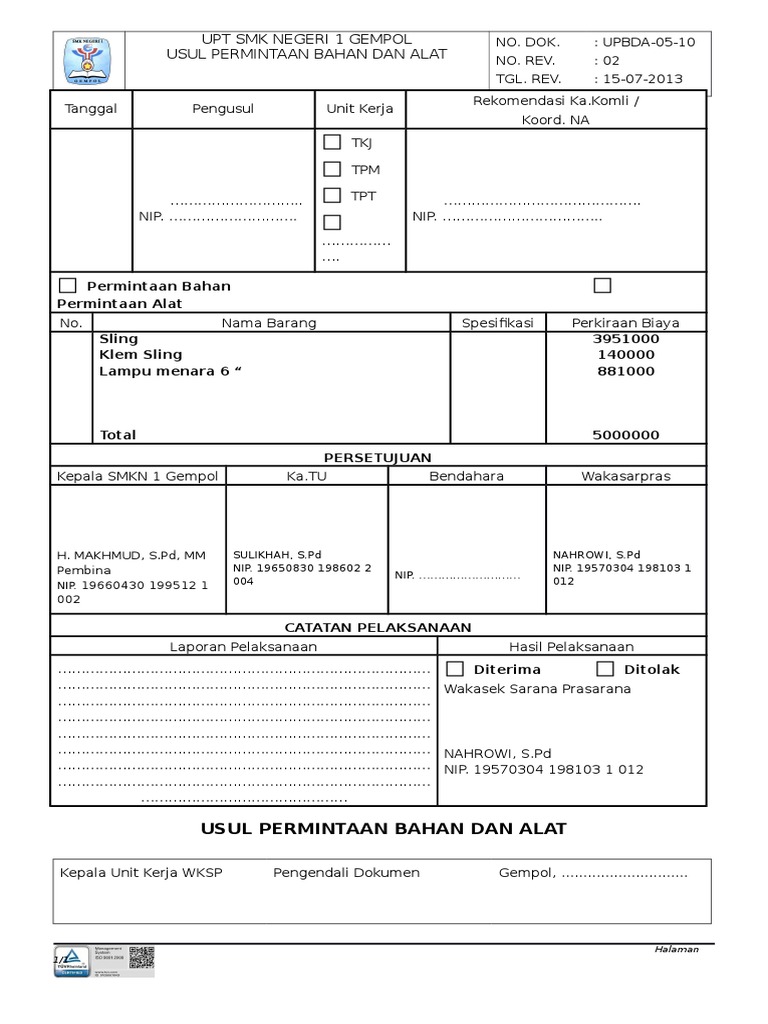 Formulir Usulan Permintaan Sarpras | PDF
