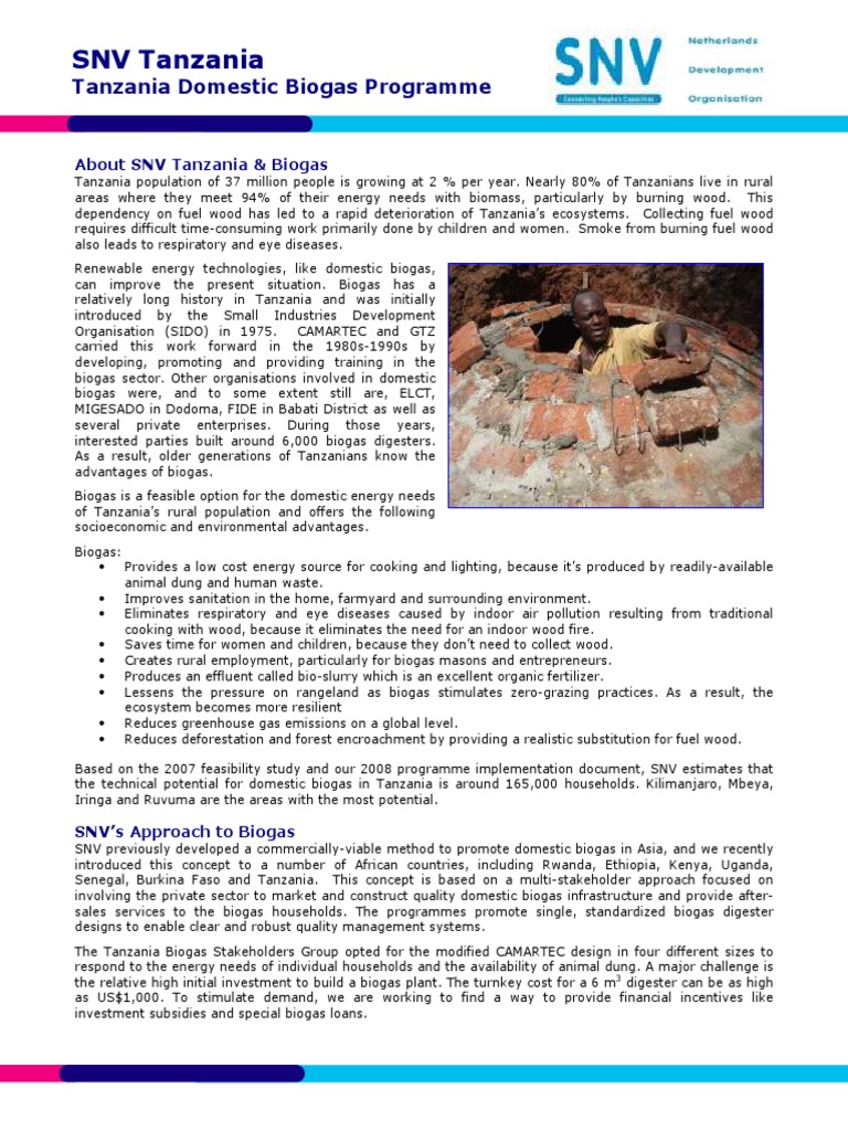 TDBP Tanzania Domestic Biogas Programme Bronchure-SNV TZ Info | PDF | Biogas | Tanzania
