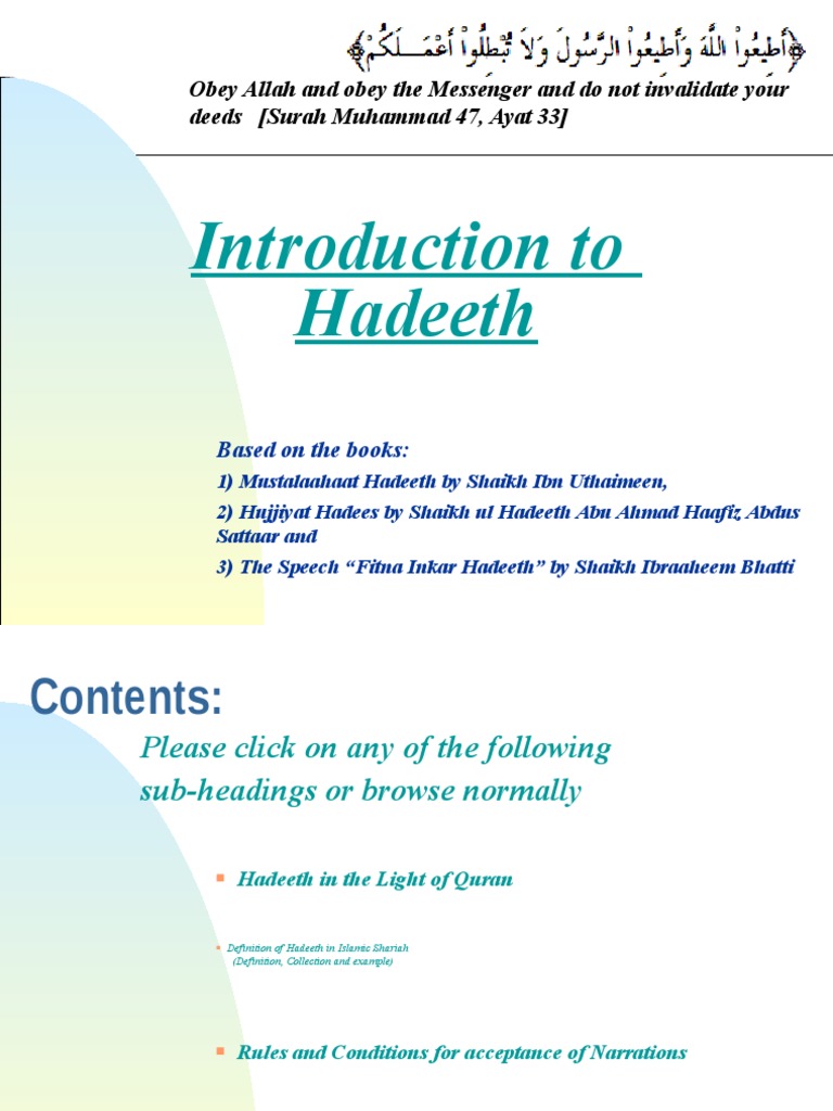 Introduction To Hadeeth | PDF | Hadith | Sahabah