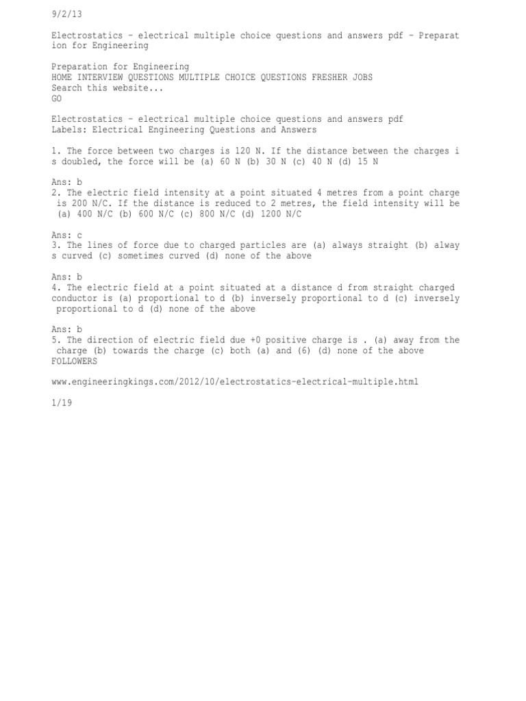 Electrostatics Electrical Multiple Choice Questions and Answers PDF ...