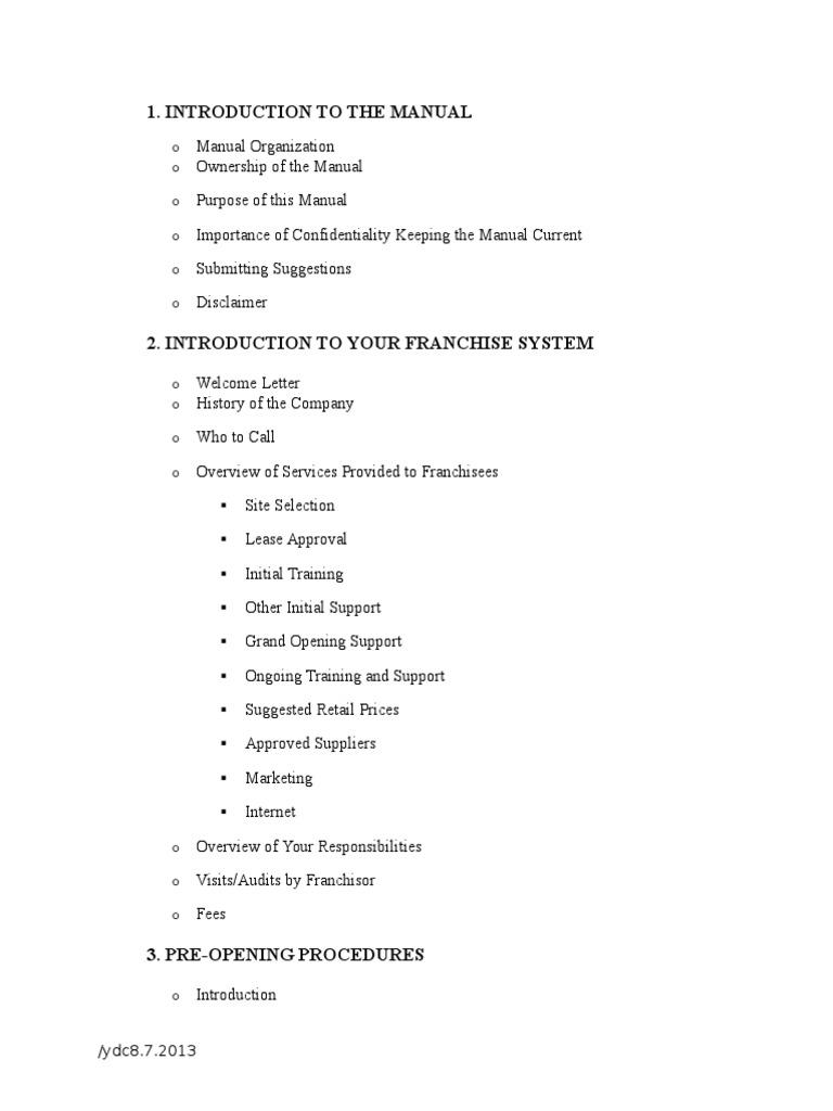 Franchise Manual Outline | Franchising | Employment