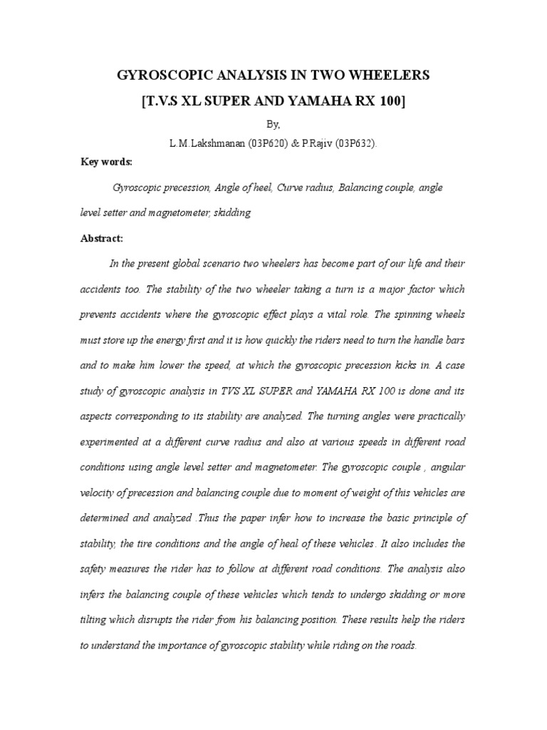 Gyroscopic Stability in Two Wheelers | PDF | Rotation Around A Fixed ...