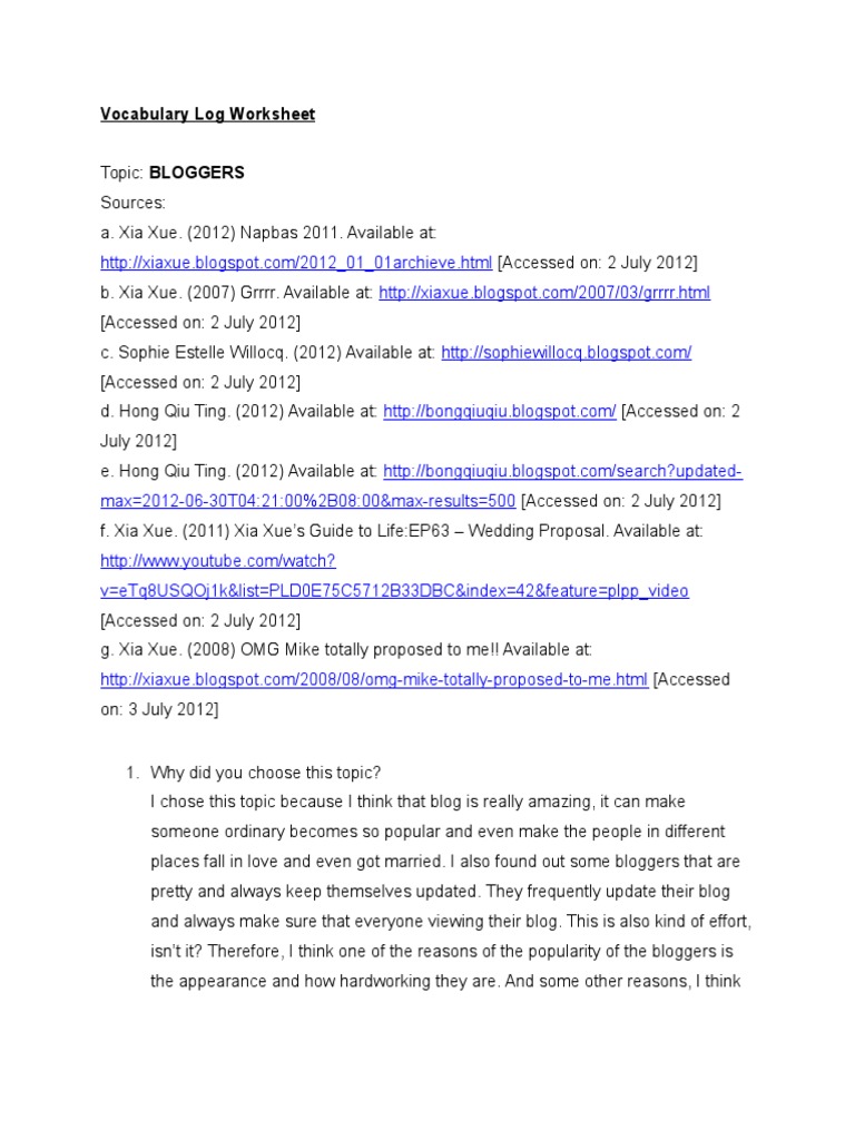 Vocabulary Log Worksheet | PDF | Blog | Vocabulary