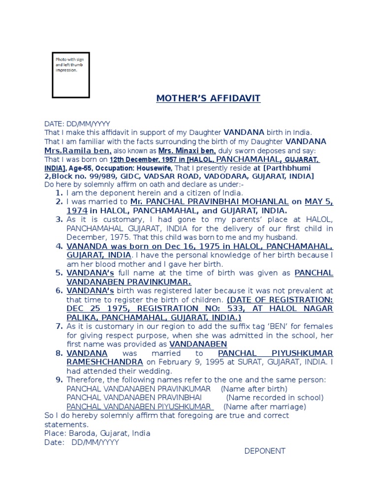 Mothers Affidavit | Affidavit | Legal Procedure