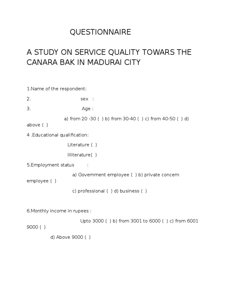 Service Quality Survey for Canara Bank | PDF
