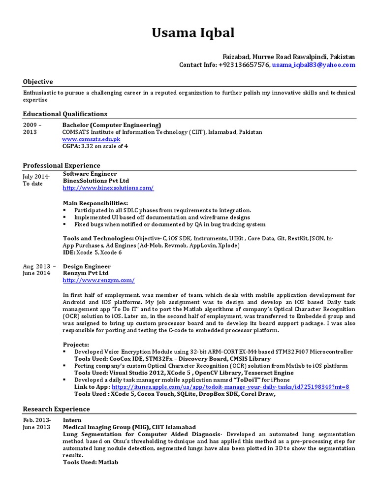 CV Usama Iqbal | PDF | Xcode | Ios