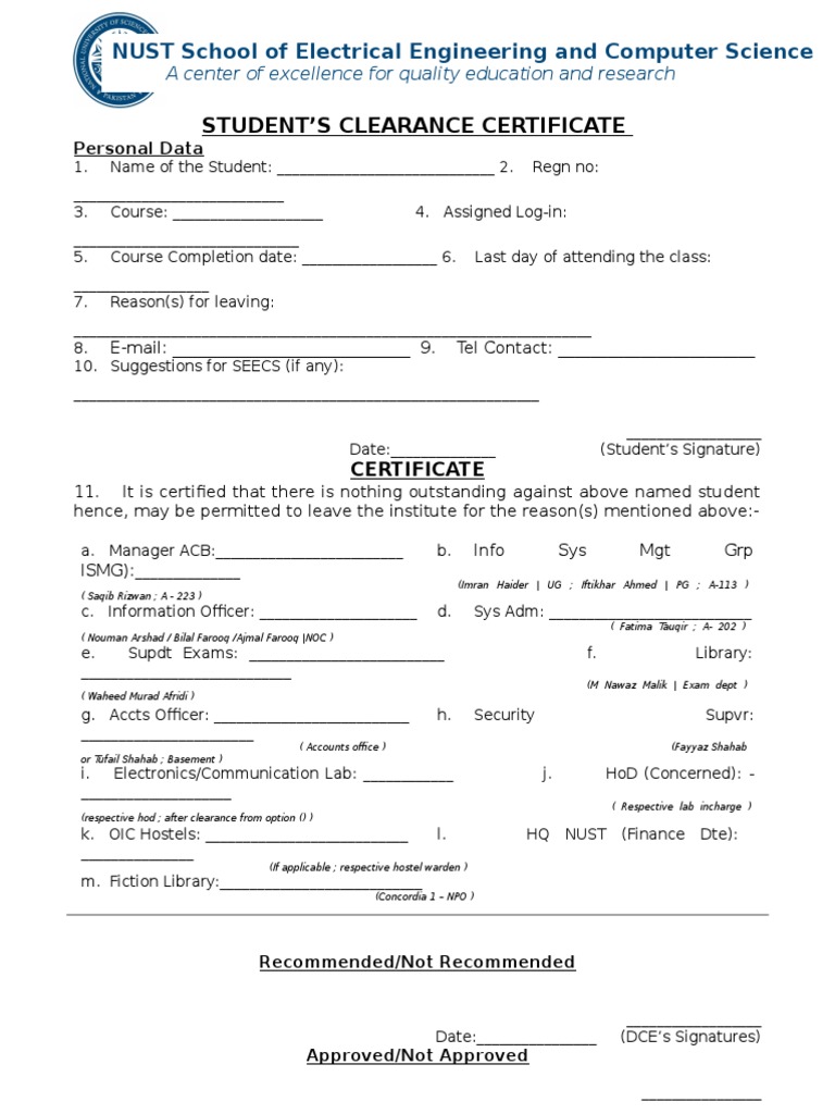 Student Clearance Certificate Process | PDF
