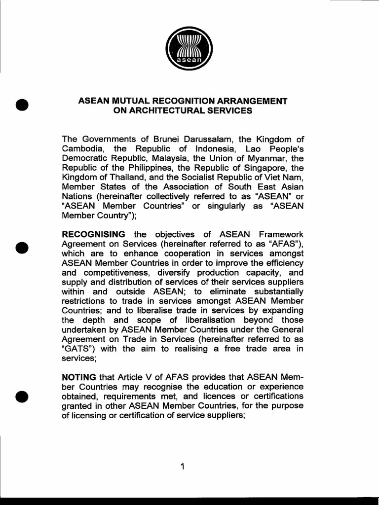 Asean Mutual Recognition Agreement (Mra) On Architectural Services | PDF