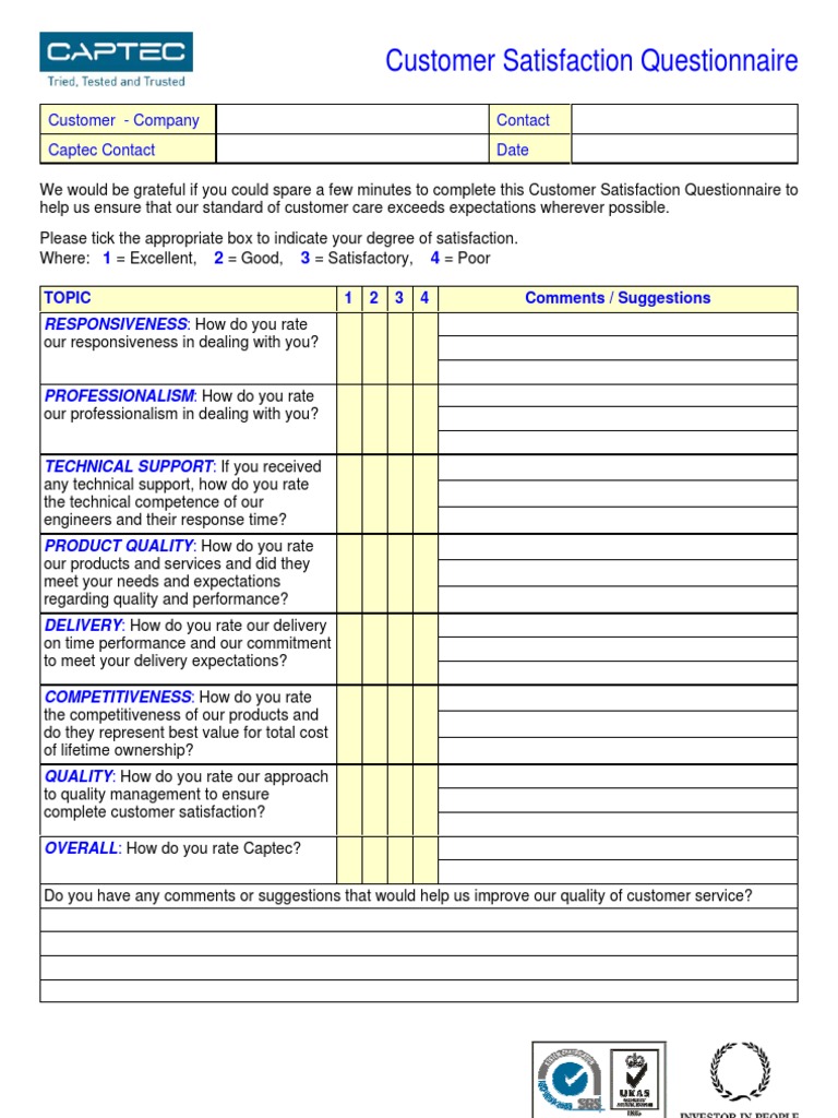 Customer Satisfaction Questionnaire | PDF | Customer Satisfaction ...