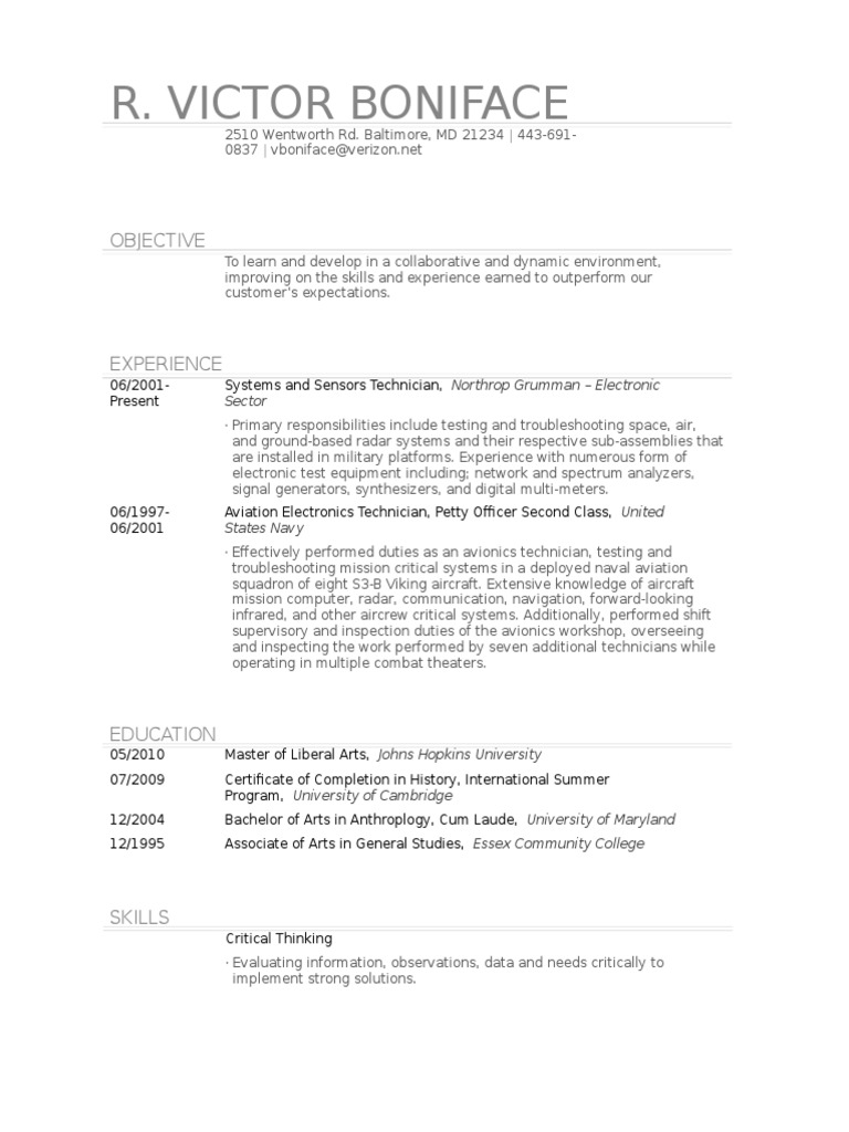 Systems Technician Resume - R. Victor Boniface | PDF | Technology ...