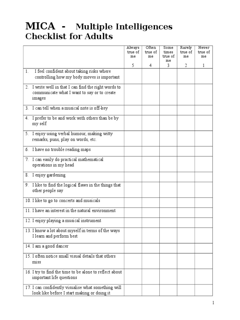 MICA Checklist | PDF | Intelligence | Teaching Mathematics