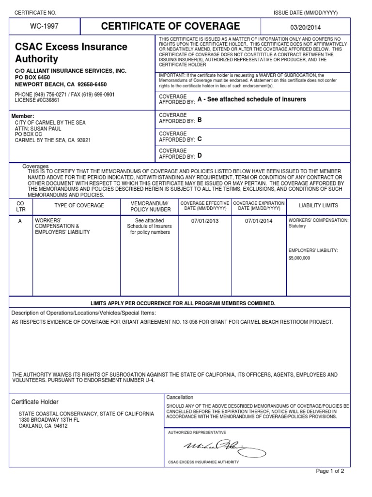 Certificate of Coverage CSAC Excess Insurance Authority | Download Free ...
