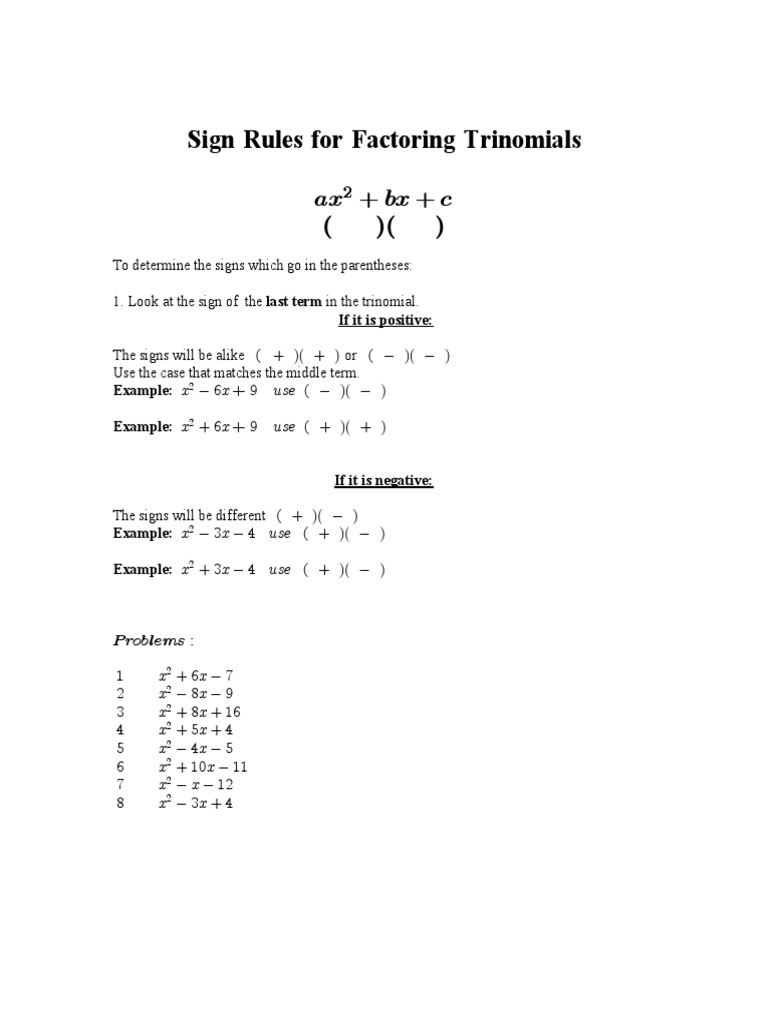 Sign Rules For Factoring Trinomials | PDF