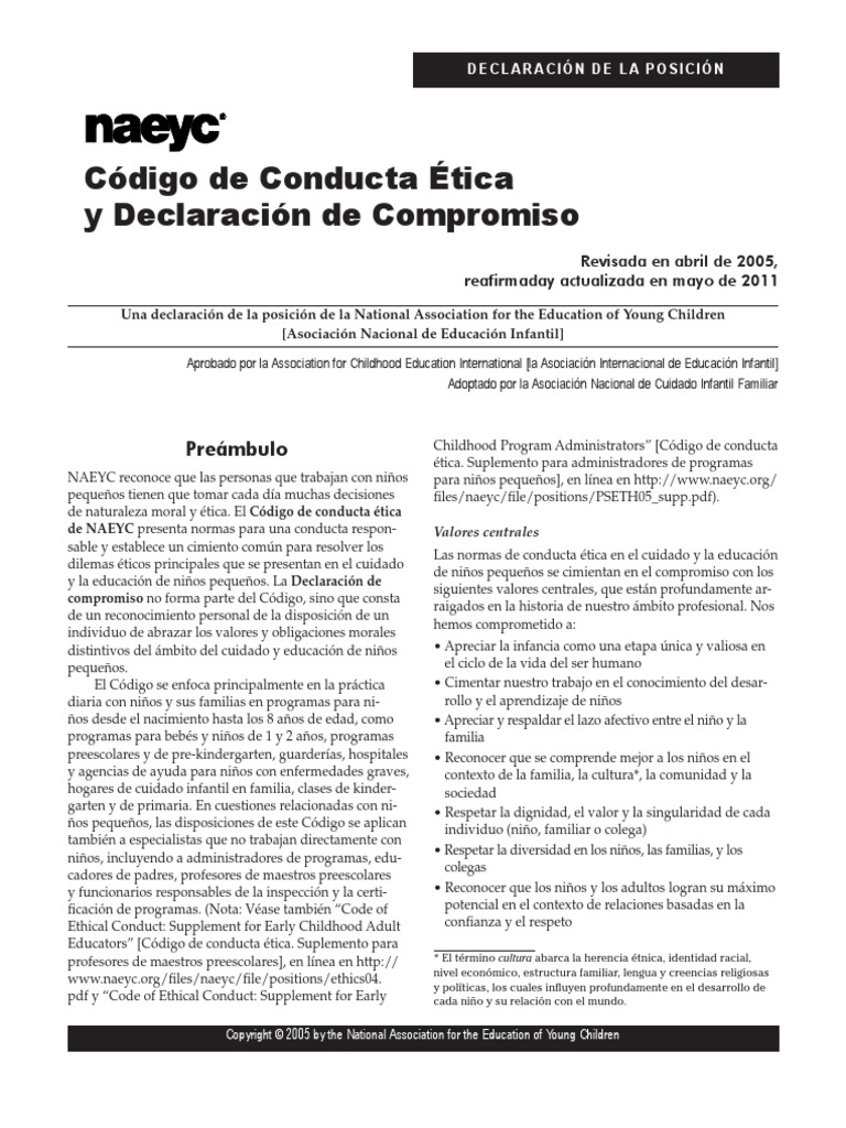 Código de Etica NAEYC | PDF | Bienestar | Moralidad