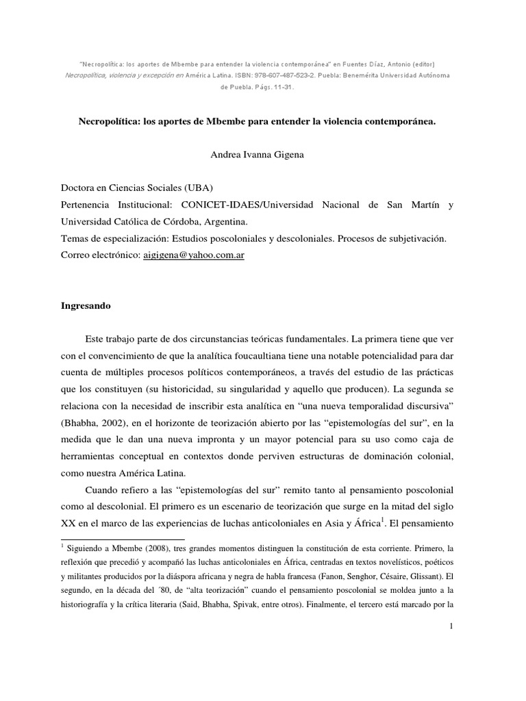 Andrea Ivana Gigena - Necropolitica - Argentina | PDF | Michel Foucault ...