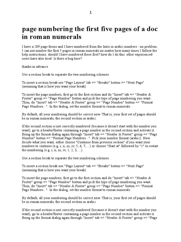 Page Numbering The First Five Pages of A Doc in Roman Numerals | PDF ...