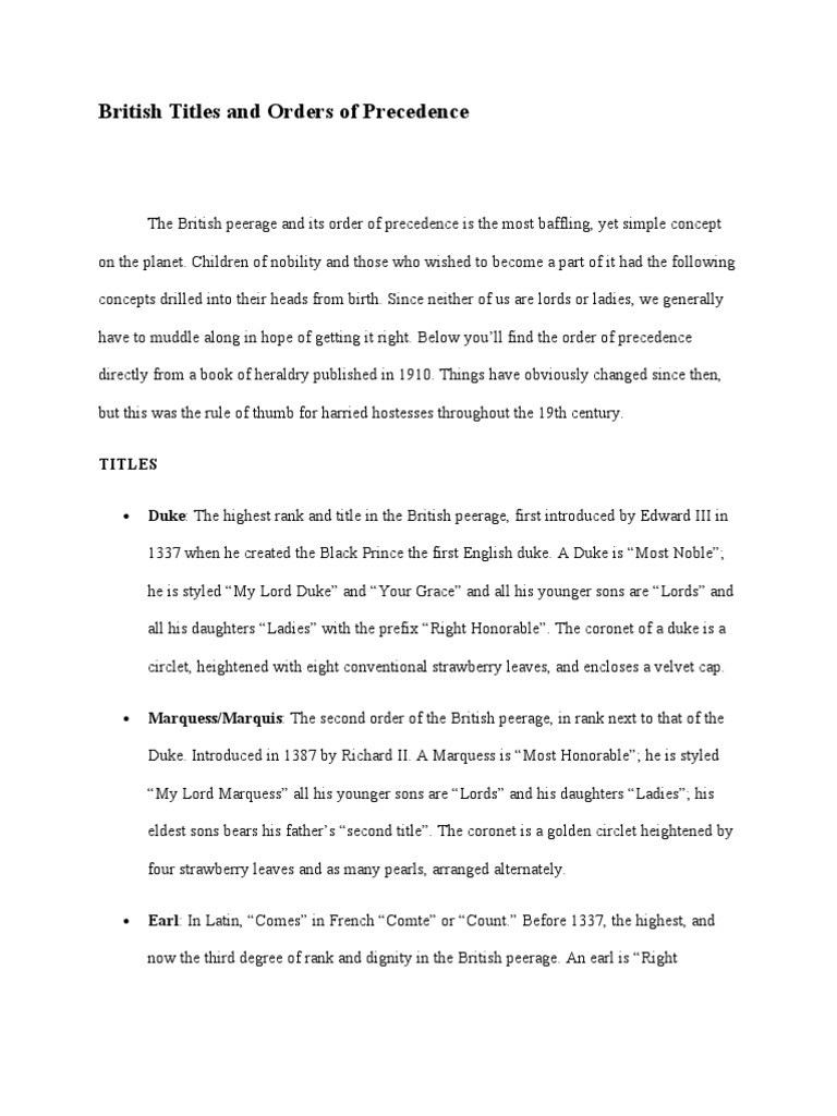 British Titles and Orders of Precedence | PDF | Peerages In The United ...