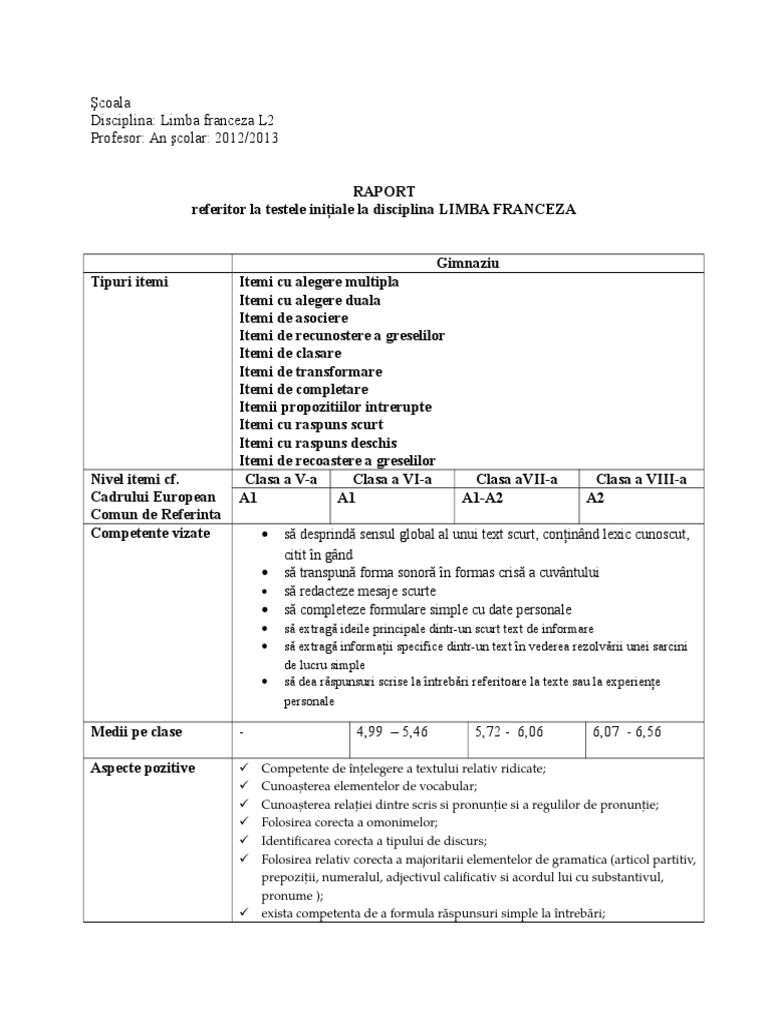 Macheta Raport Teste Initiale Franceza 2012 | PDF
