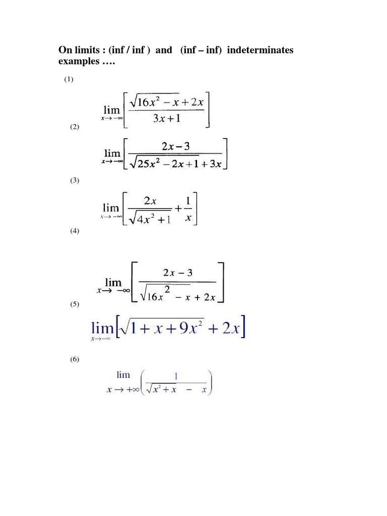 On Limits: (Inf / Inf) and (Inf - Inf) Indeterminates Examples | PDF