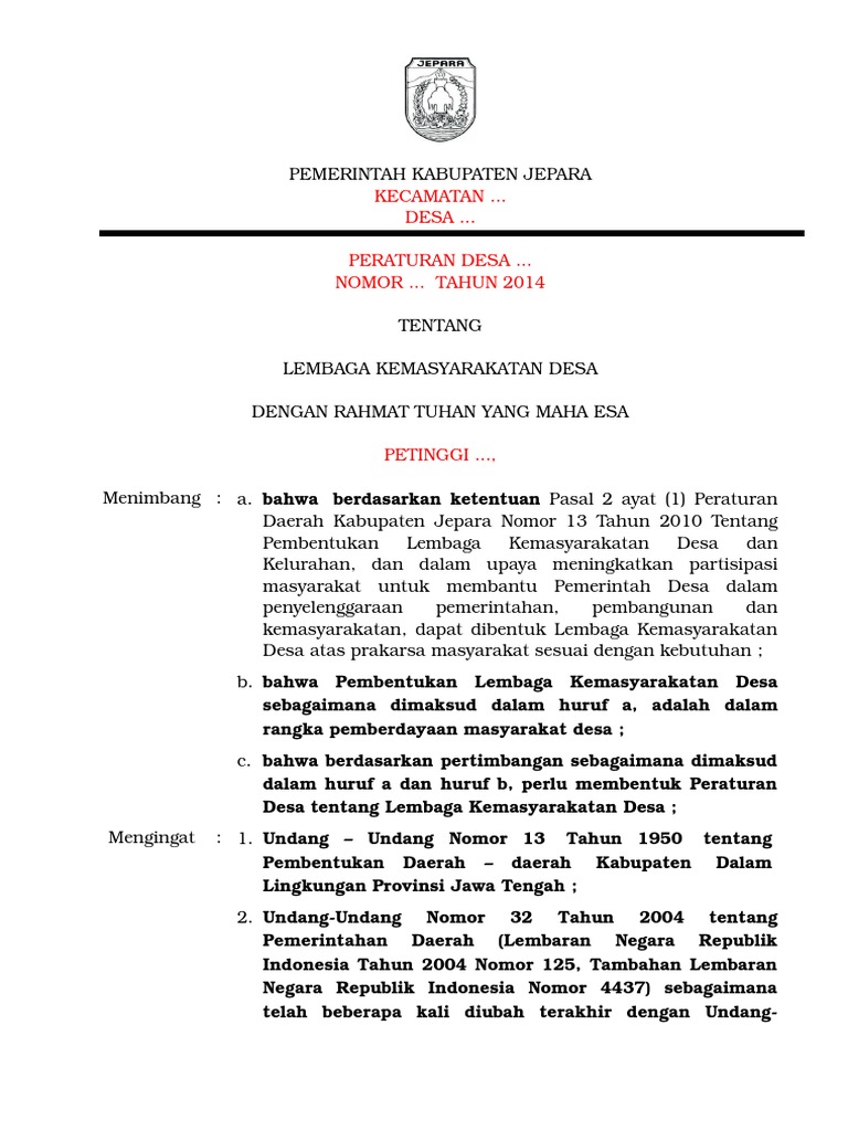 Contoh Perdes Lembaga Kemasyarakatan Desa | PDF