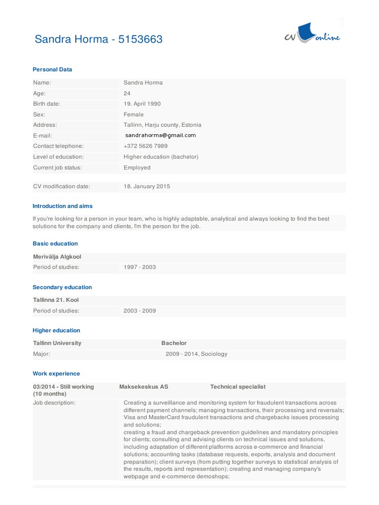 Sandra Horma CV 2015 | PDF | Fraud | Estonia