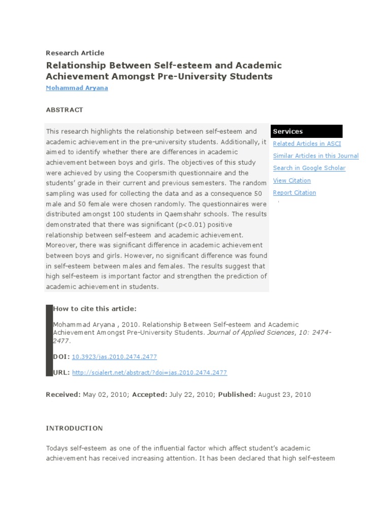 Relationship Between Self-Esteem and Academic Achievement Amongst Pre ...
